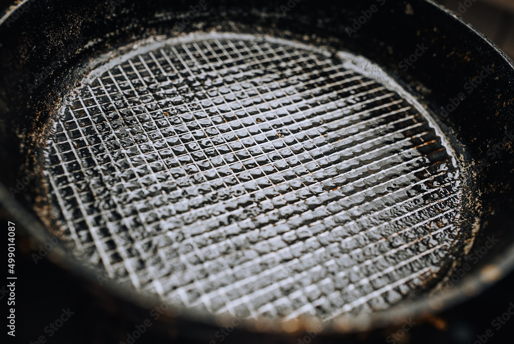 Background, texture, top view of a black round frying pan with a ...