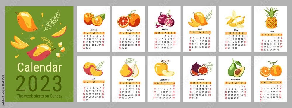 Vector vertical calendar for 2023 with fruits. A set of healthy and ...
