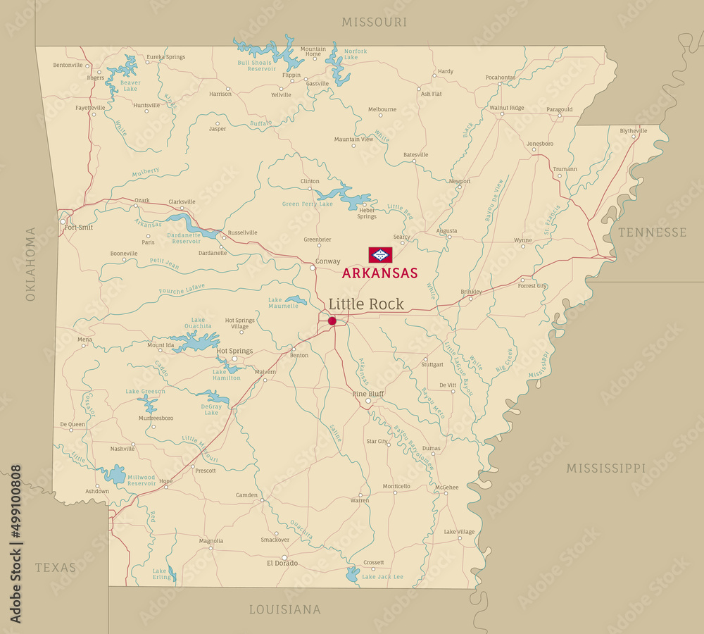 Road map of US American State of Arkansas. Highly detailed ...