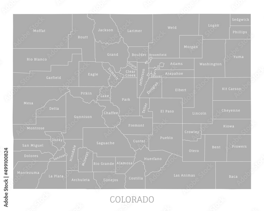 Colorado highly detailed gray color map, US state. Administrative map ...