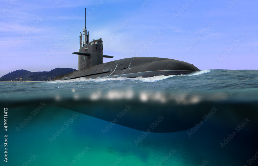 Naval submarine floating and half submerged in shallow water Stock ...