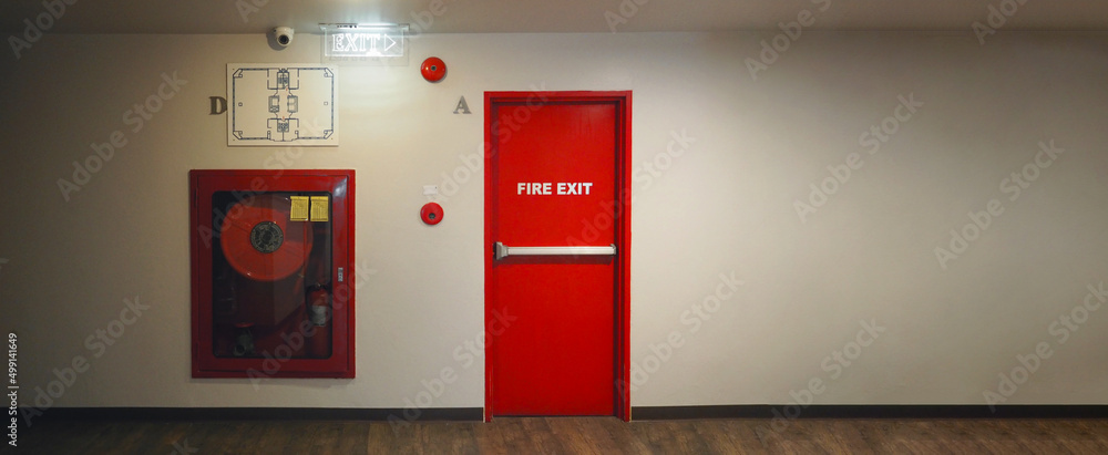 Fire exit door. Fire exit emergency door red color metal material with ...