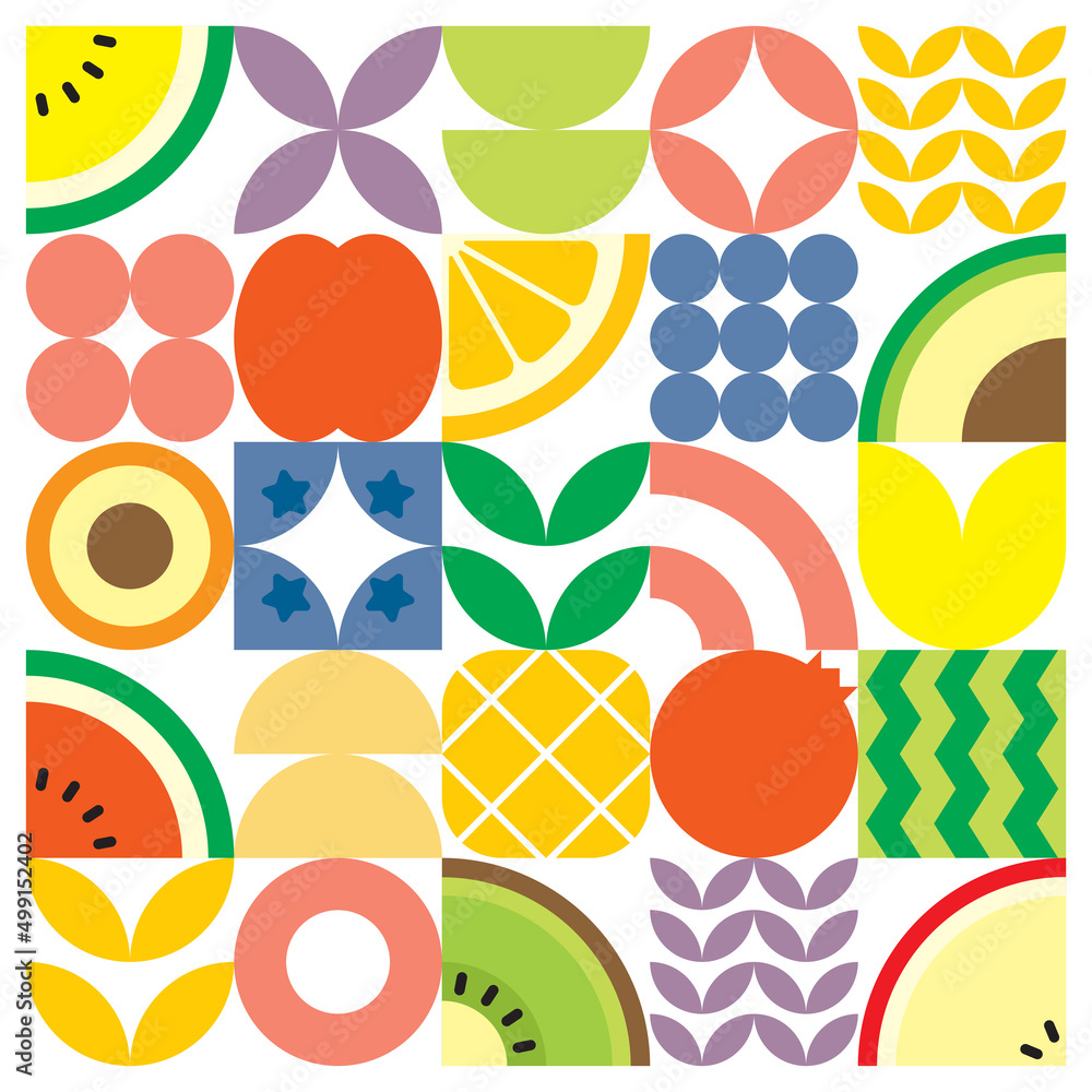 Geometric summer fresh fruit cut artwork poster with colorful simple ...