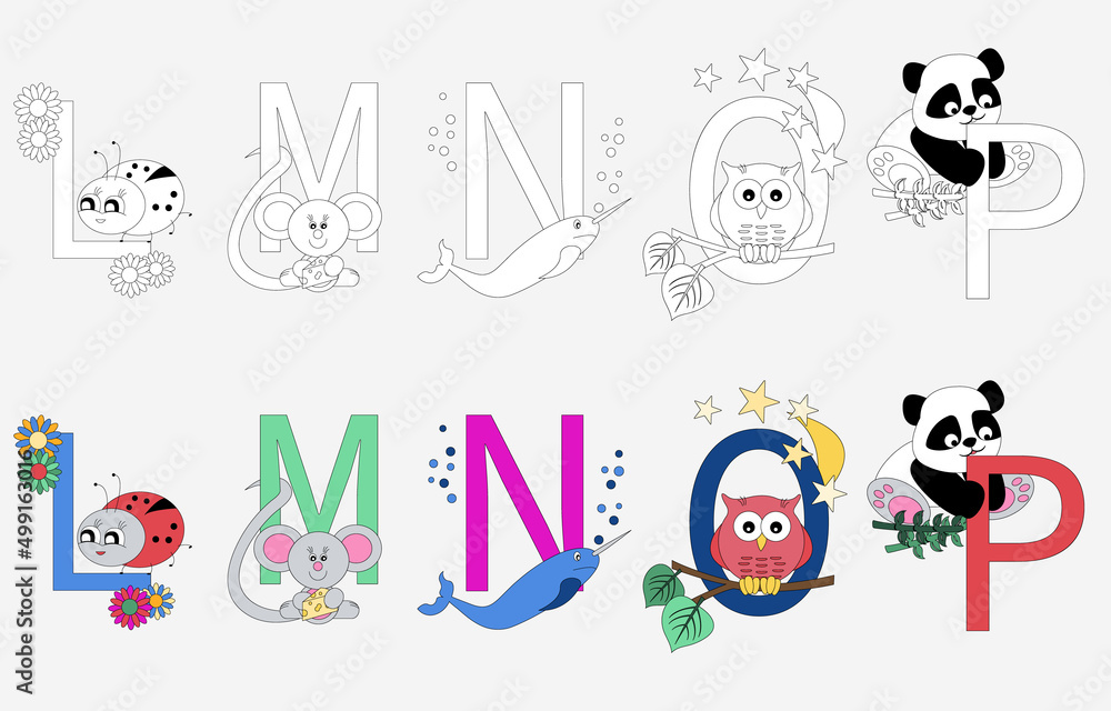 Cartoon alphabet coloring book. Set of coloring pages of animals by ABC ...