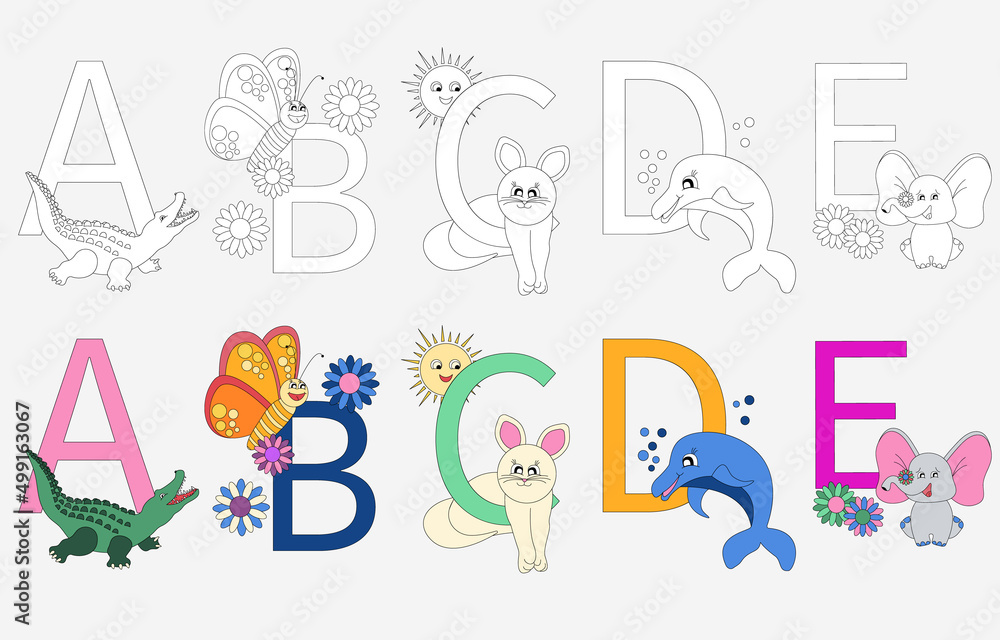 Cartoon alphabet coloring book. Set of coloring pages of animals by ABC ...