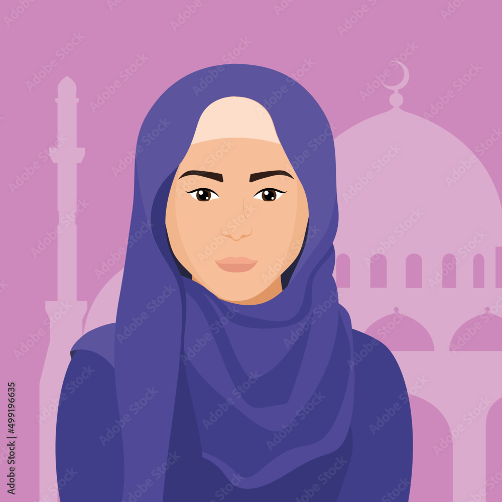 Islamic girl wearing traditional clothing. Mosque silhouette. Flat ...