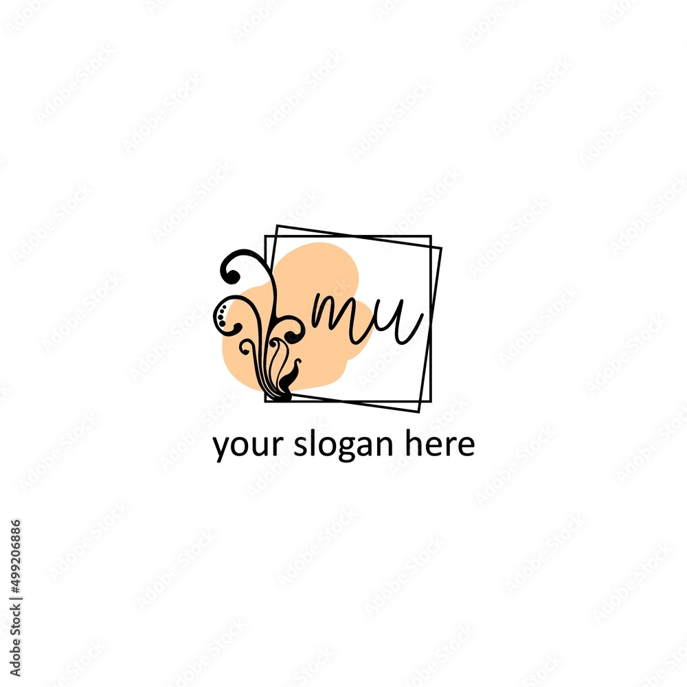 Elegant handwritten letter MU template with square frame and leaf ...
