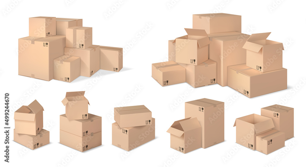 Realistic box stack. Stacked cardboard boxes, parcel pile and realistic ...