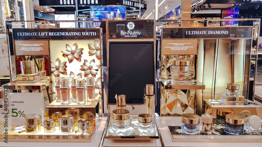 LATVIA, RIGA, MARCH, 2022 - Shelves with popular professional cosmetics Estee Lauder in the ...