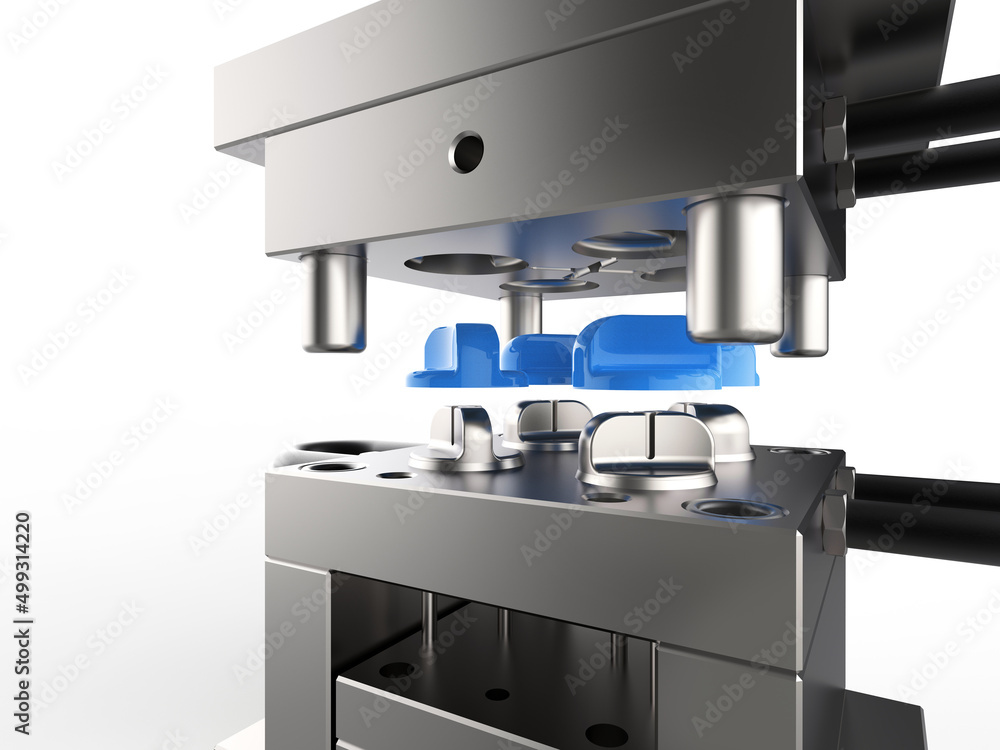 Ilustrace 3D render of plastic moulding machine. Plastic injection ...