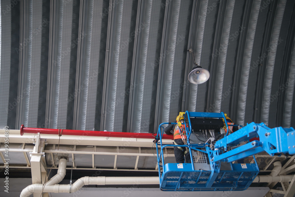 Install fire sprinkler system. In the industrial plant, pipe assembly ...