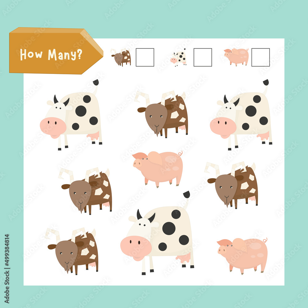 Farm activities for kids. How many. Count the number of cows, pigs and ...