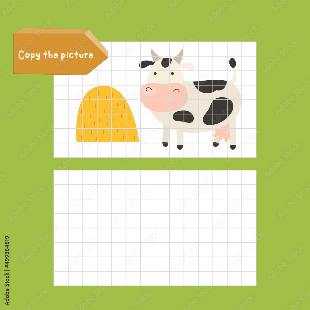 Farm activities for kids. Copy the picture – cow, haystack. Logic games ...