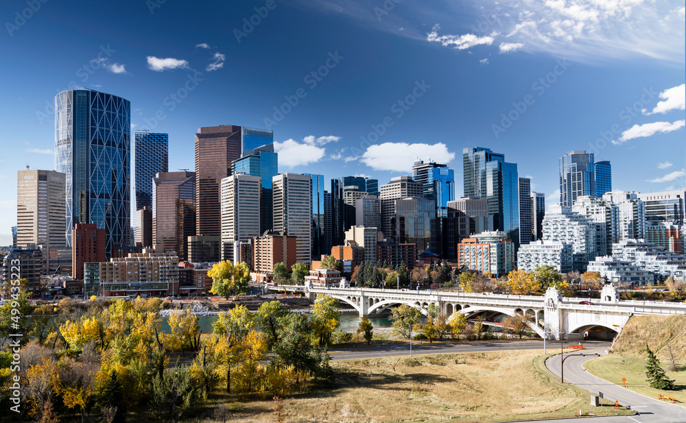 Downtown Calgary skyline in fall colours with office buildings and ...