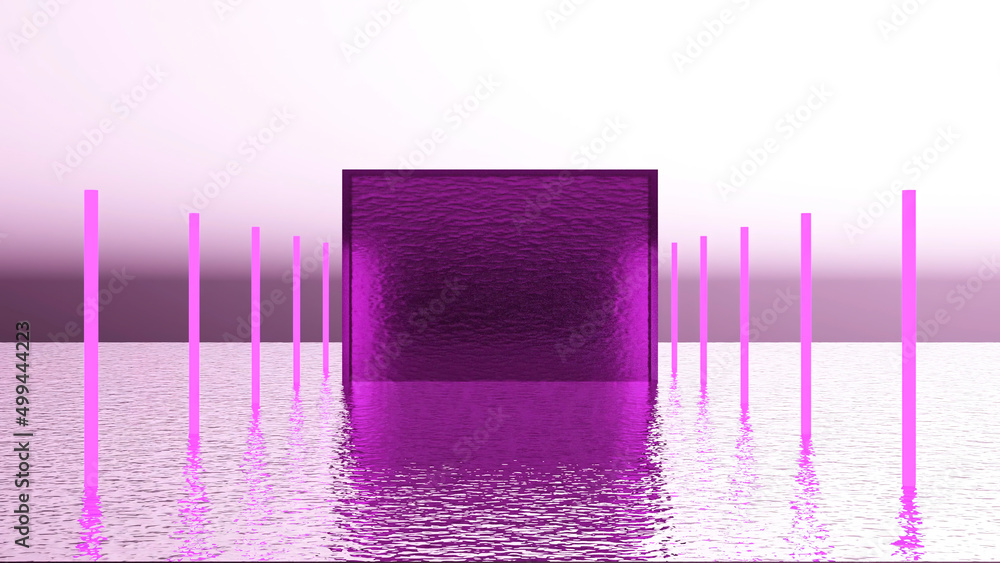 3D cube on surface of water. Design. Japanese-style animation with ...