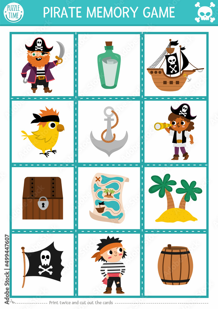Vector de Stock Vector pirate memory game cards with cute traditional ...