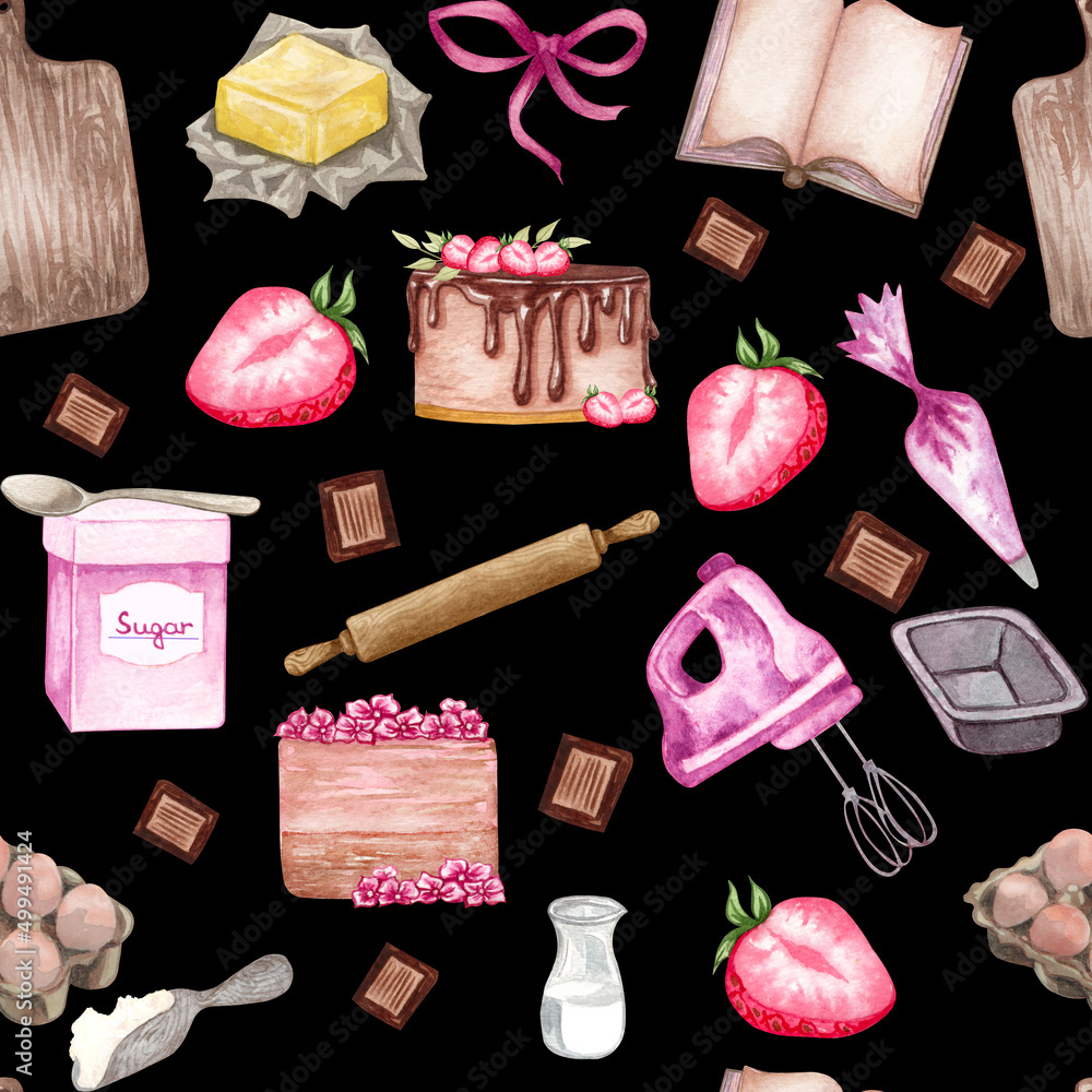 Seamless pattern with cute hand drawn dessert, tea and baking theme ...