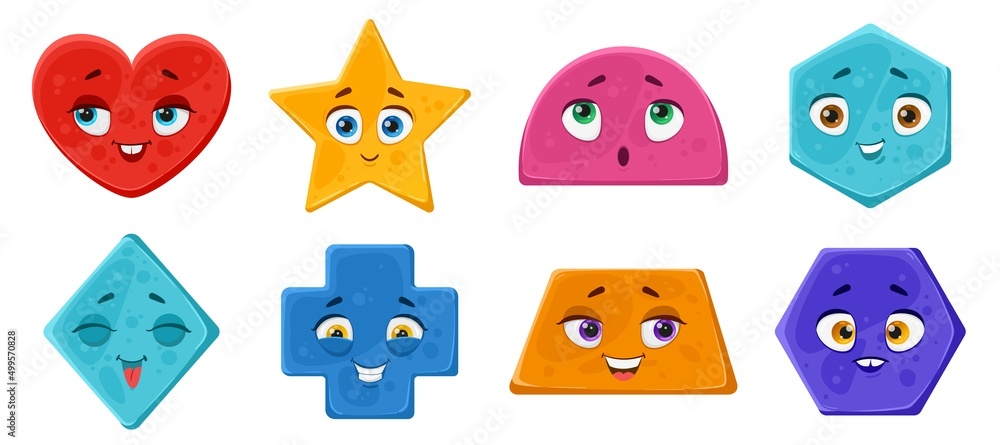 Set of various bright basic geometric shapes with face emotions ...
