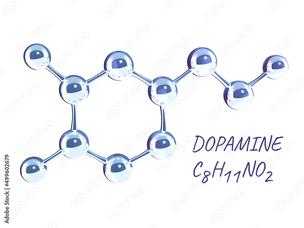 Chemical formula of Dopamine - happiness hormone. Molecular model of ...