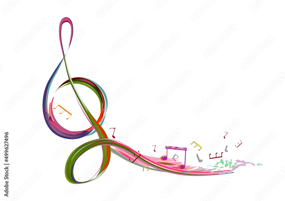 Abstract musical design with a treble clef and colorful splashes, notes ...