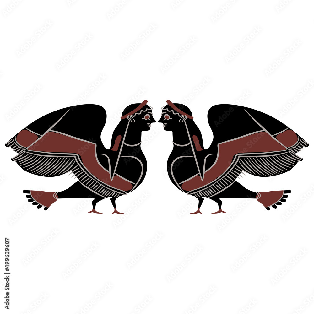 Symmetrical animal design with two Sirin or harpy. Ancient Greek vase ...