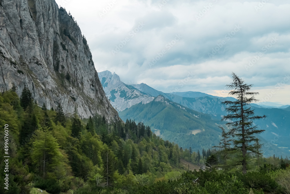 Panoramic view on the mountain peaks of the Hochschwab Region in Upper ...