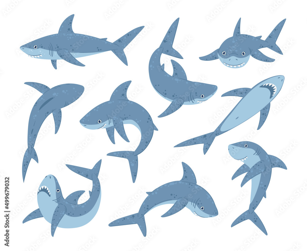 Cartoon ocean shark mascots, marine predator creatures. Swimming shark ...