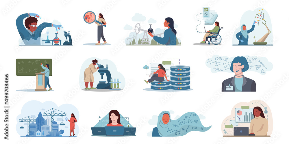 Diverse women in AI and STEM concept set. Female character works Stock ...