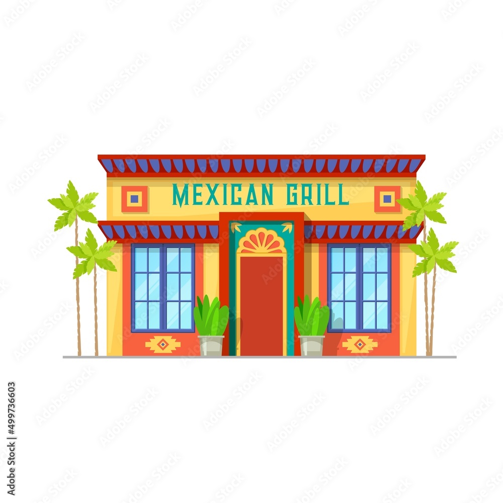 Mexican cuisine restaurant building icon. Mexican fast food, grill cafe ...