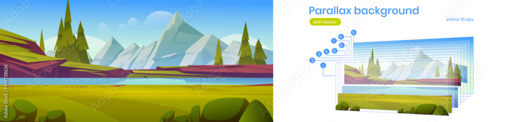 Mountain valley with river, green grass and firs. Vector parallax ...