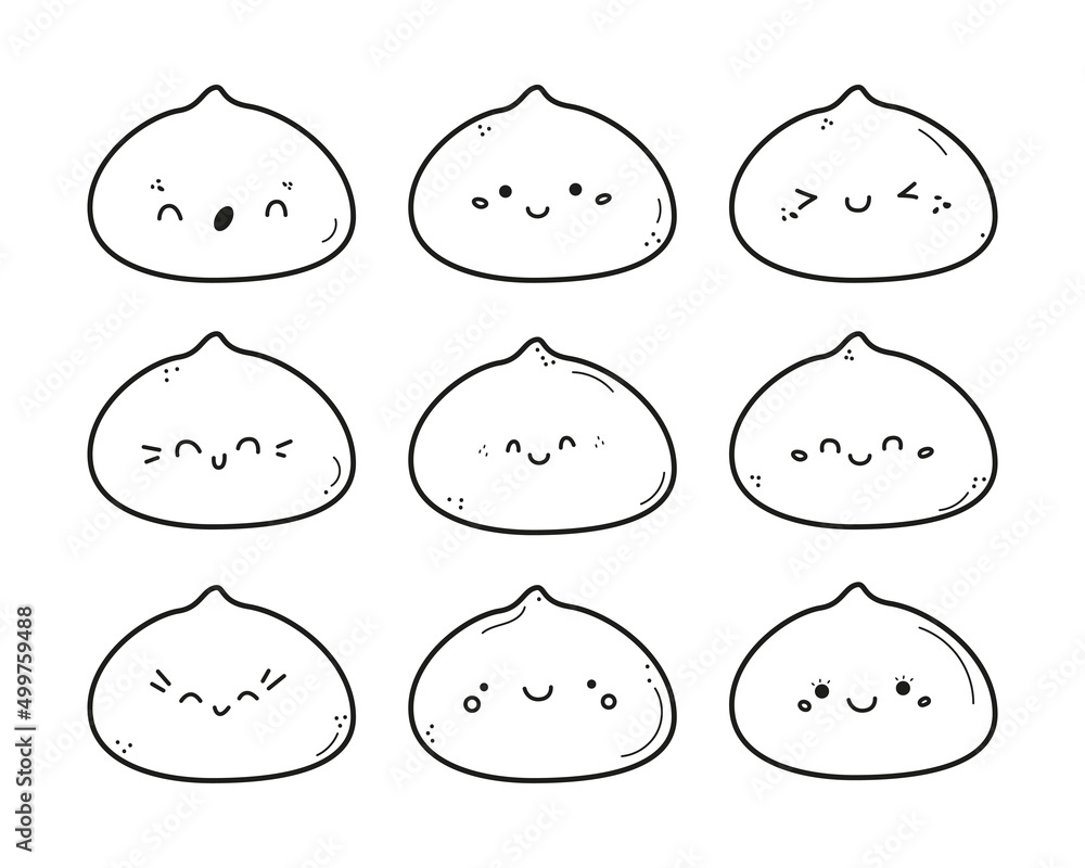 Cute mochi icon vector set. Cartoon funny characters with kawaii faces ...