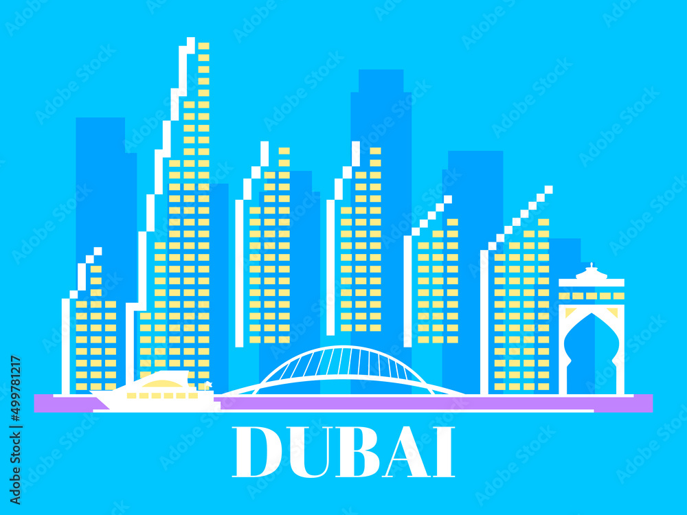 Dubai cityscape with skyscrapers, bridge, palm trees and yachts. Dubai ...