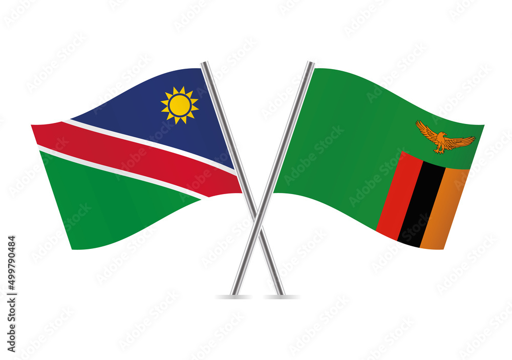 Namibia and Zambia flags. Namibian and Zambian flags on white background. Vector icon set ...