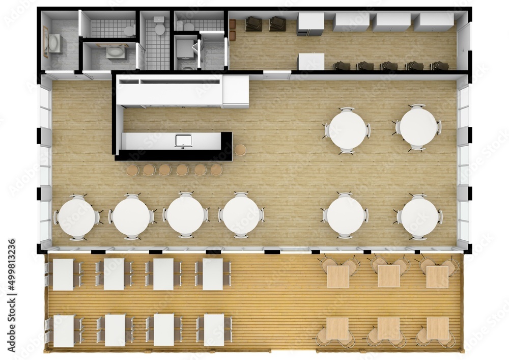 Cafe interior with coffee machines, tables, seats, counter, cash ...