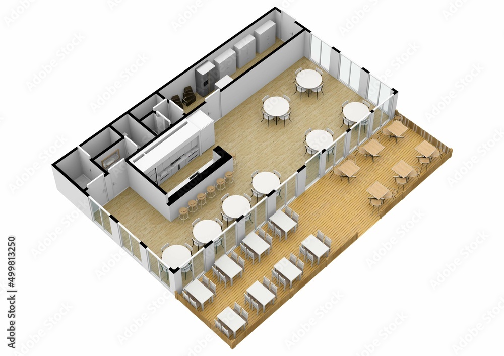 Cafe interior with coffee machines, tables, seats, counter, cash ...