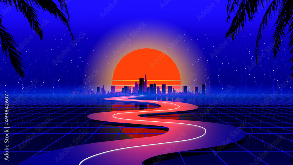 Retro wave city background. Neon night landscape with a futuristic city ...