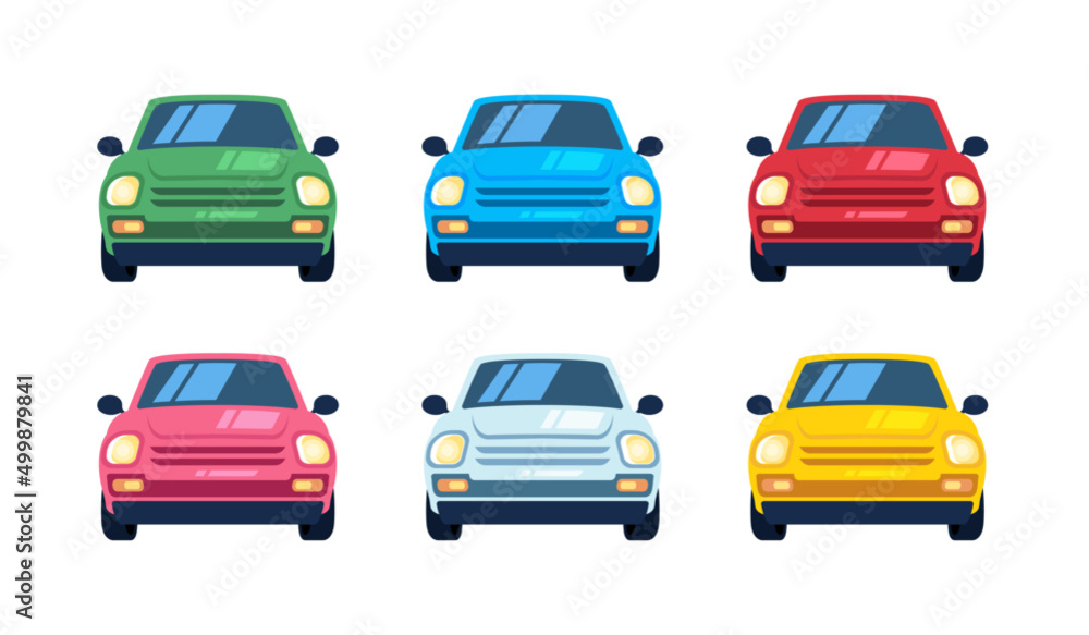 Cartoon cars graphics set, front view vector EPS isolated on White ...