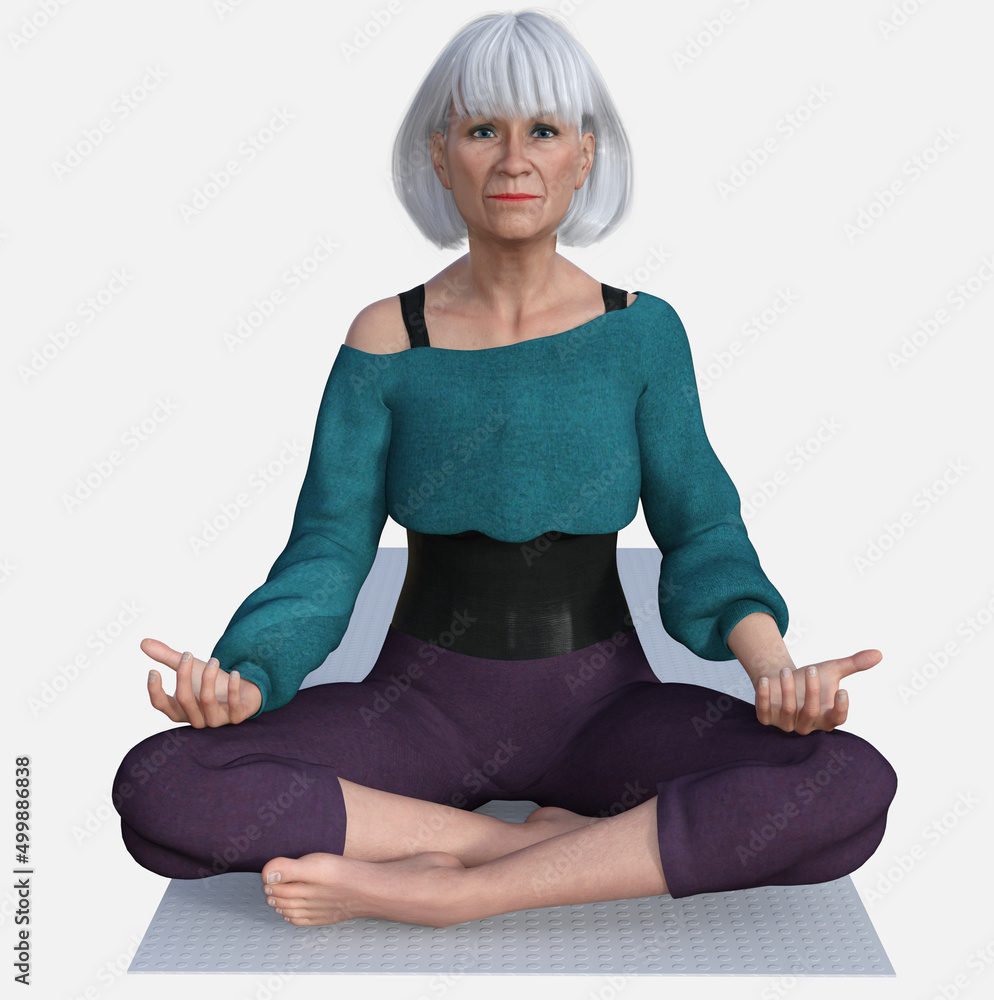 Susan is an on-the-go white-haired woman standing on an isolated white ...