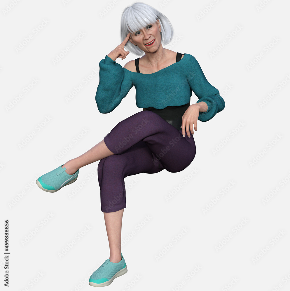 Susan is an on-the-go white-haired woman standing on an isolated white ...