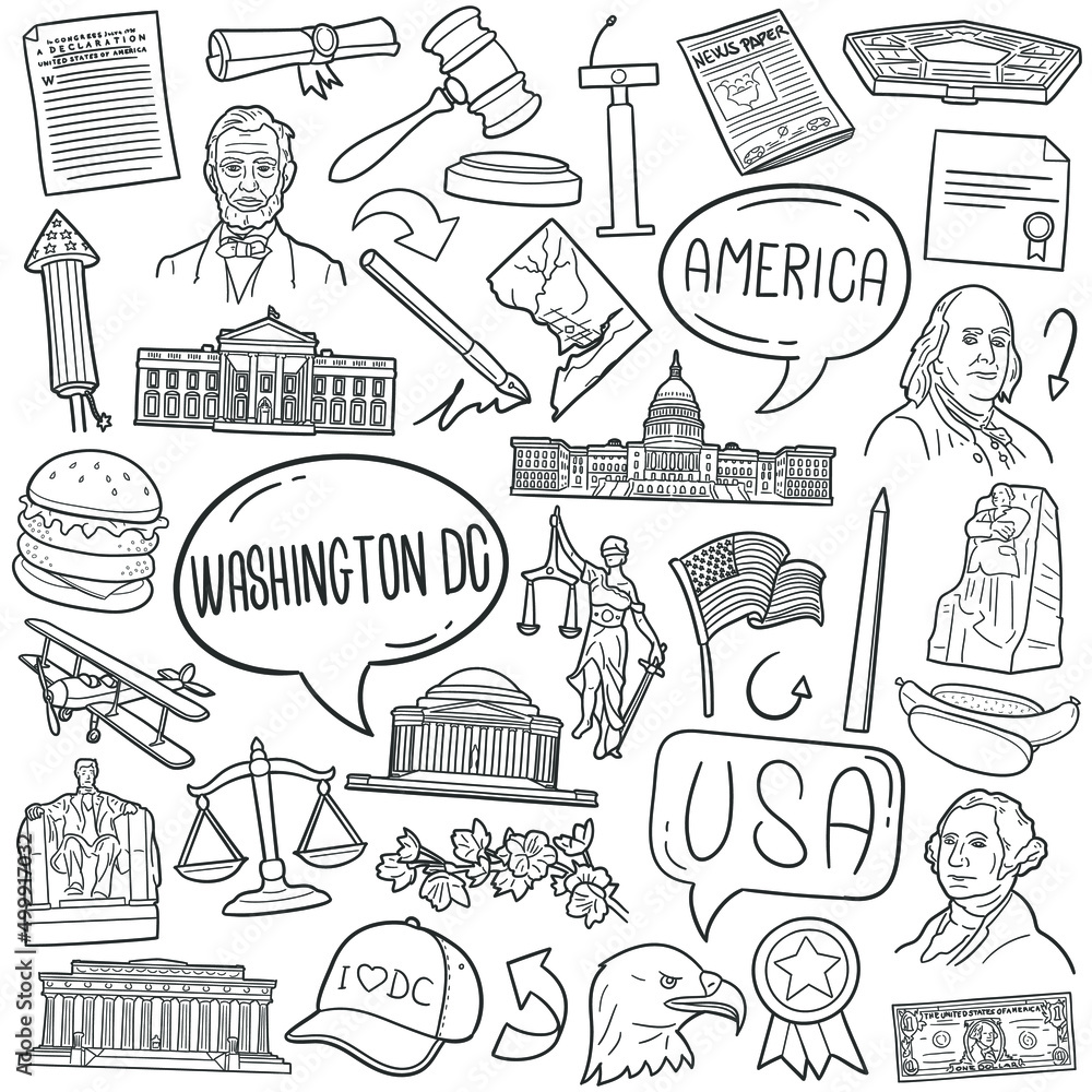 Washington, DC, USA Doodle Icons. Hand Made Line Art. United States ...