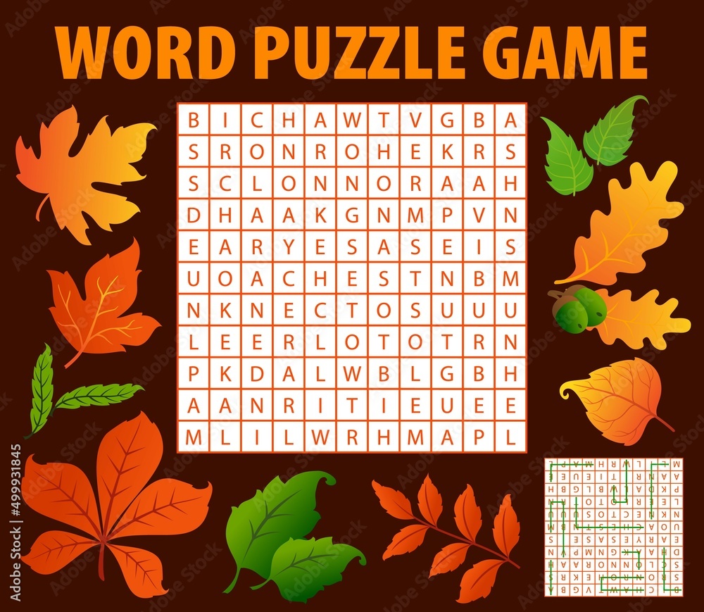 Vector de Stock Autumn leaves and acorns word search puzzle game ...