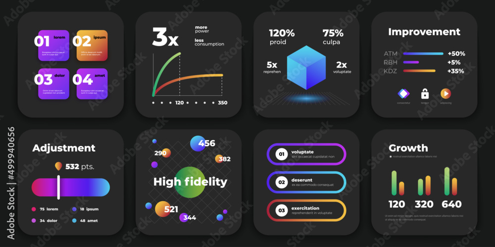 Infographic cards. Business presentation mockup with charts graphics ...