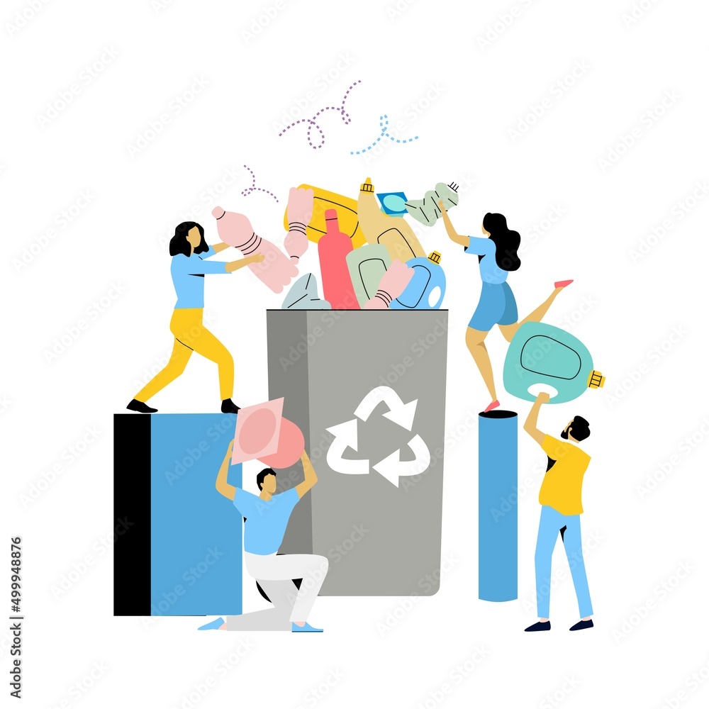 Recycling garbage flat vector illustration. People sorting plastic ...