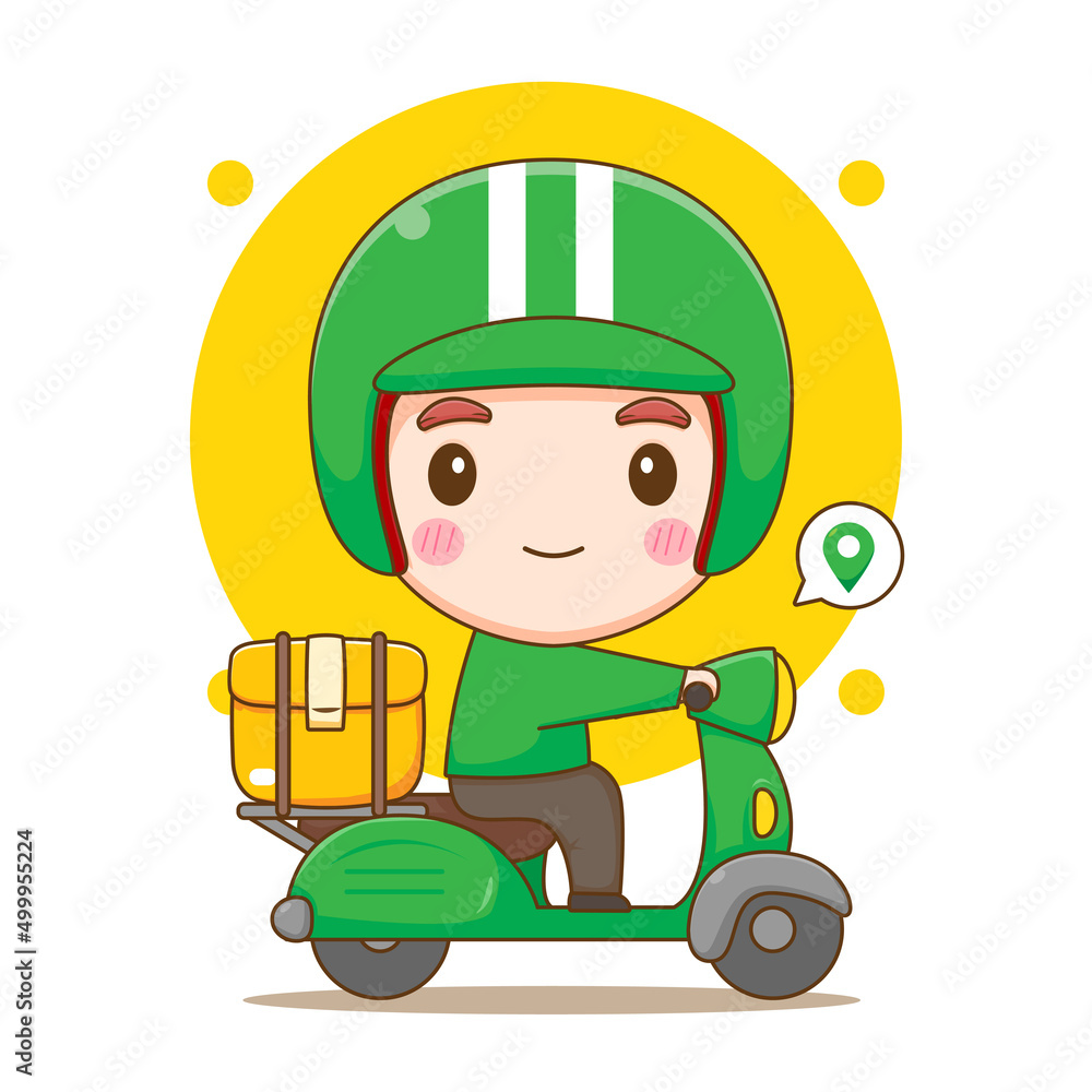 Cute delivery man riding motorcycle. Cartoon illustration of chibi ...