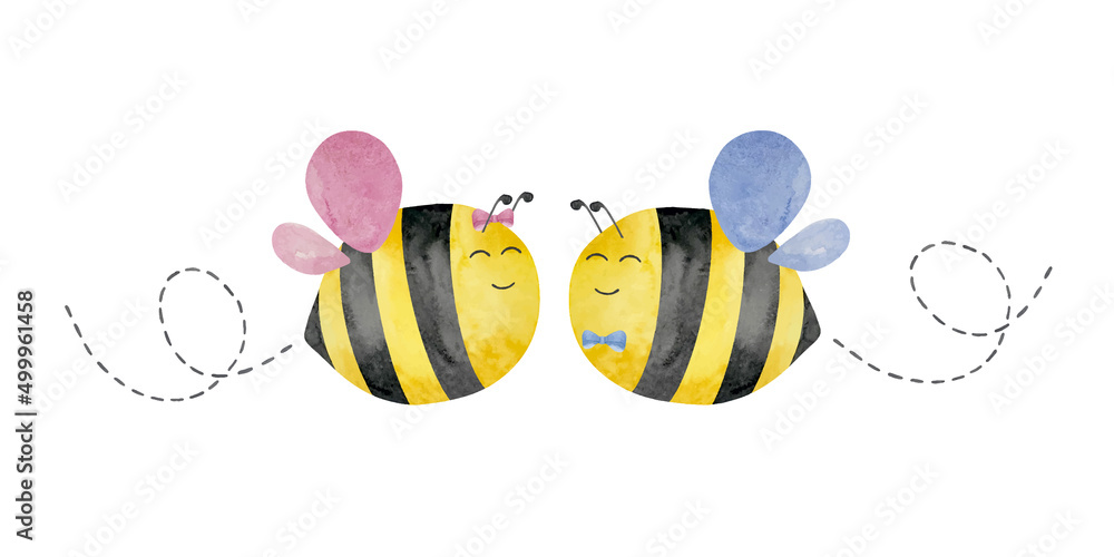 Set of watercolor cute bees with flight path, honey, summer theme. Girl ...