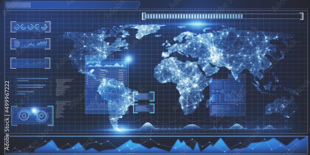 Abstract radar map interface on blue wallpaper. Spy and cyber terrorism ...