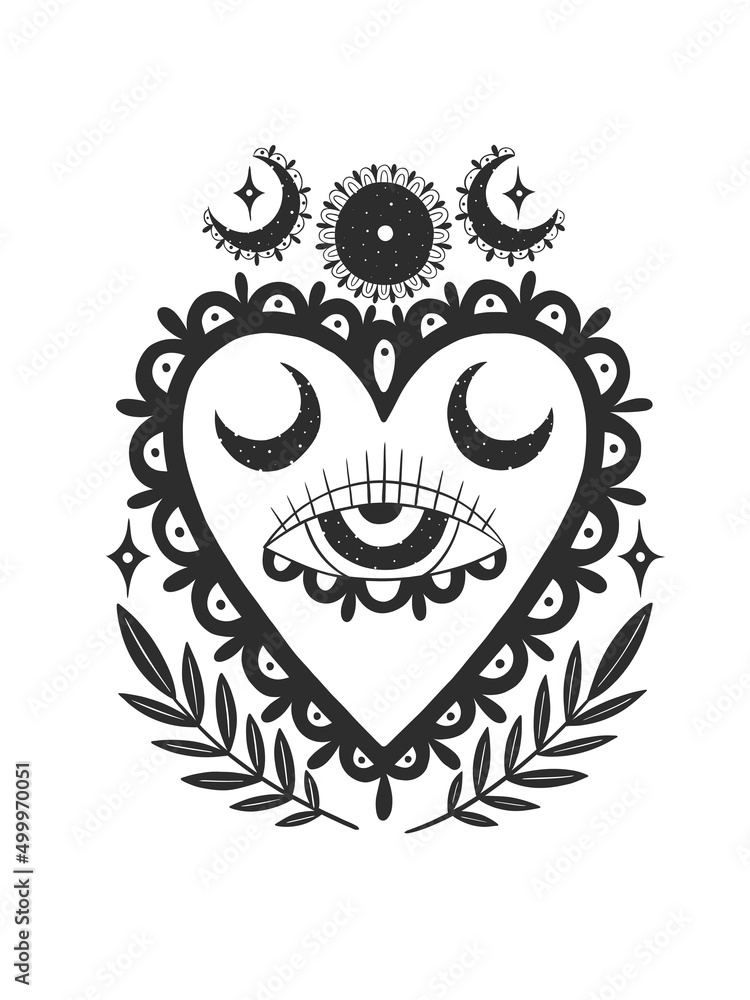 Mystic aesthetic sacred heart of jesus. Hand draw black color.Esoteric ...