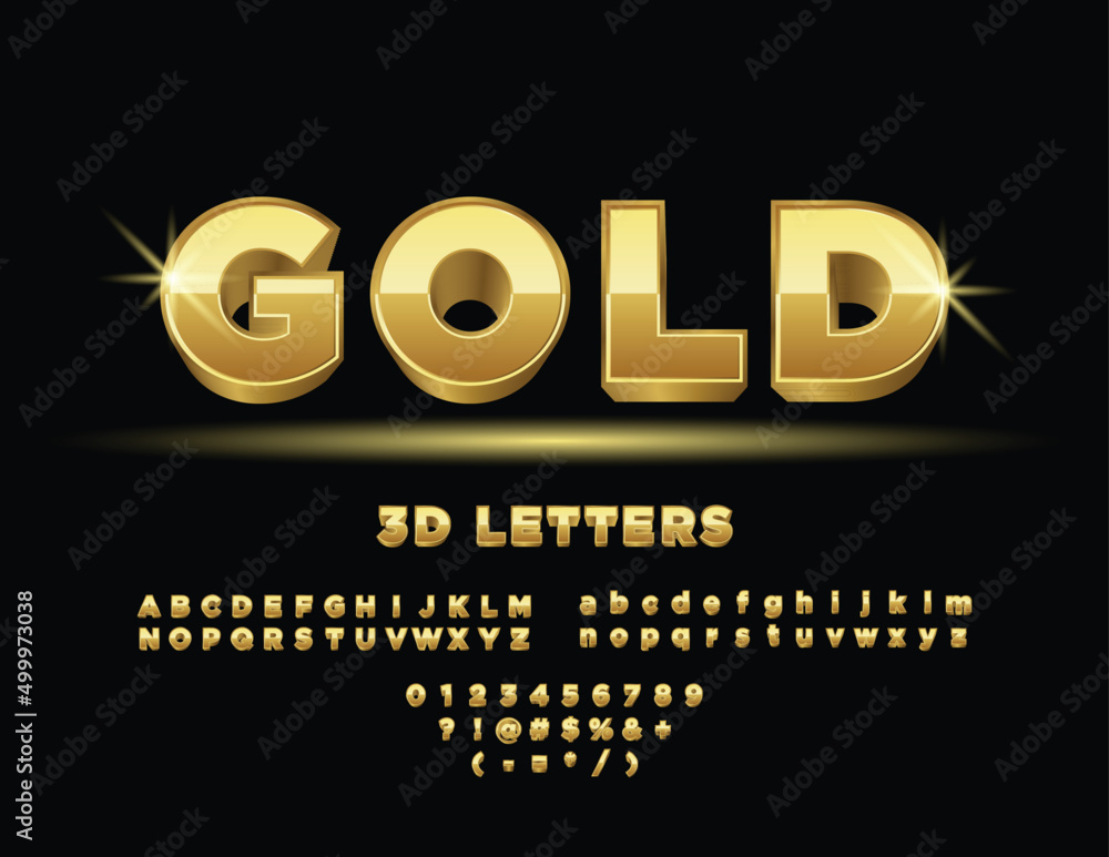 3D Gold Alphabet Letters, Numbers and Symbols. 3D Elegant Font. abc a ...