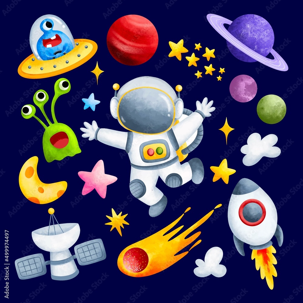 Astronaut and Space Watercolor Clipart Set Stock Vector | Adobe Stock