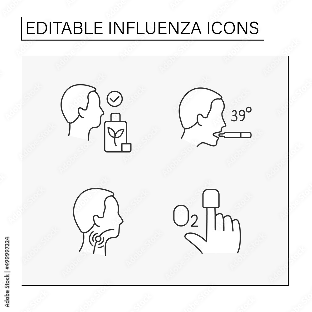 Vector de Stock Influenza line icons set. Sore throat, antiseptic mouth ...